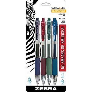 Zebra Pen Sarasa Dry X20 Retractable Gel Pen, Medium Point, 0.7mm, Assorted Fashion Color Ink, 4-Pack (Packaging May Vary)