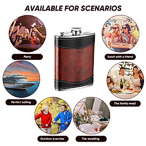 Rtteri 8 oz Leather Hip Flasks for Liquor for Men Leak Proof Stainless Steel Drinking Flasks with Funnel Soft Wrap Whiskey Vessels for Wedding Bridesmaid Christmas Gifts(Brown,6 Set)