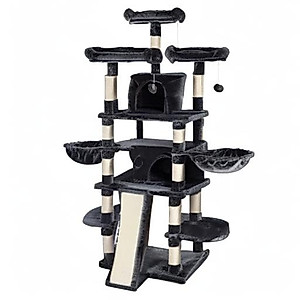 SHA CERLIN 68 Inches Multi-Level Large Cat Tree for Large Cats/Big Cat Tower with Cat Condo/Cozy Plush Cat Perches/Sisal Scratching Posts and Hammocks/Cat Activity Center, Dark Grey