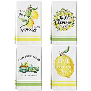 AnyDesign Lemon Kitchen Towels Lemonade Summer Tea Towels 18 x 28 Inches Hello Lemon Truck Decorative Hand Towel Farmhouse Dishcloth for Kitchen Cooking Baking Bathroom Cleaning Wipes Set of 4