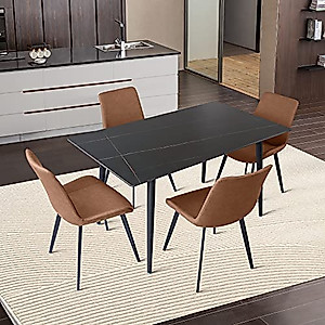 Zerifevni 5 Piece Dining Table Set, Dining Chairs Set of 4, Modern Kitchen Table Set Top with Slate Stone, Metal Base & Legs, Dining Room Table and Leather Chairs (Brown,1 Table with 4 Chairs)