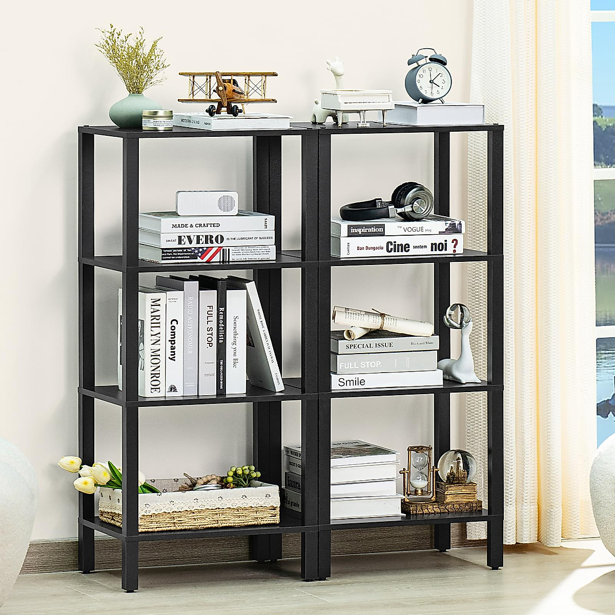 YUFAM 4 Tier Tall Wooden Bookshelf with Storage - Small Bookcase for Small Spaces, Small Shelf for Living Room, Office, Bedroom, Kitchen - Industrial Modern Black Book Shelf