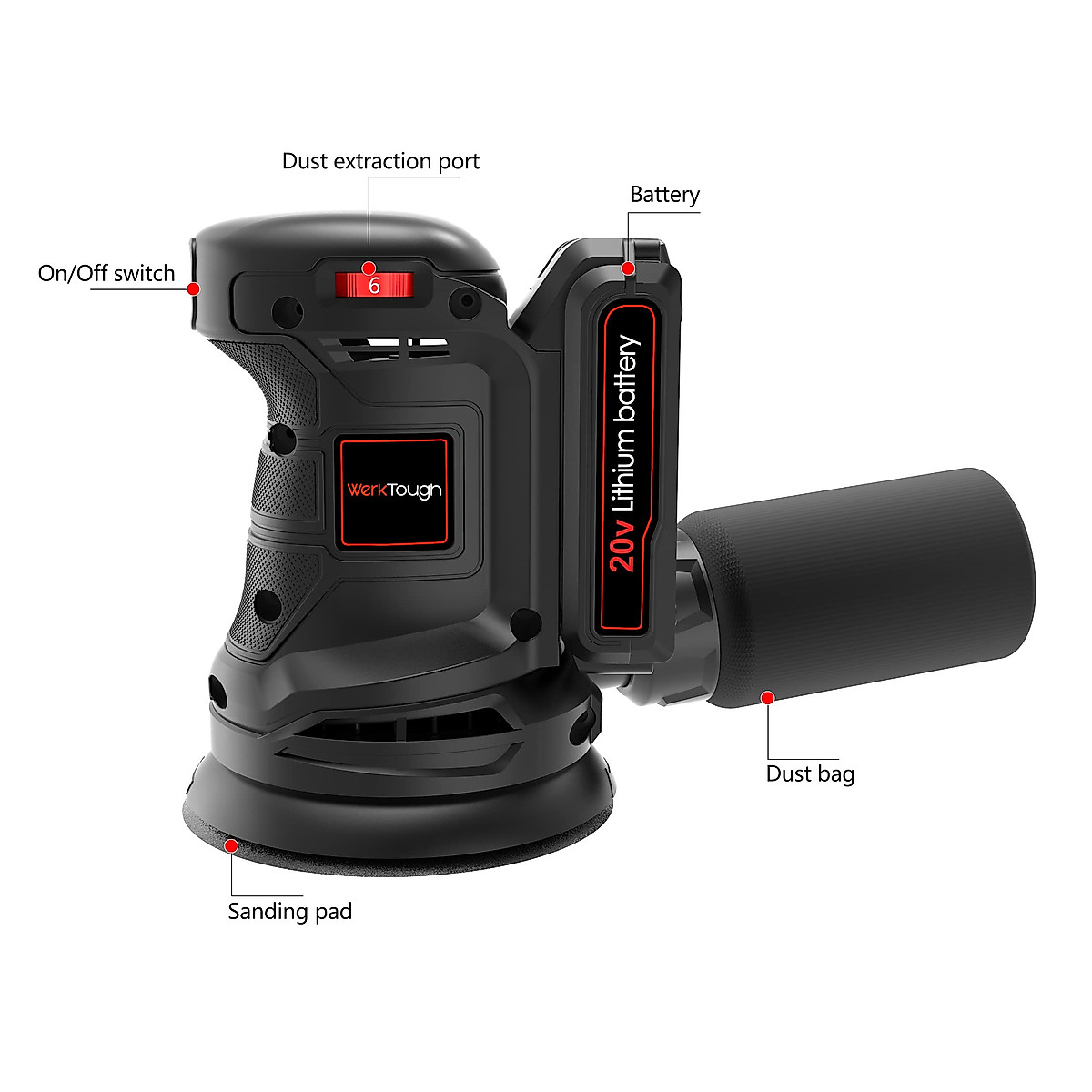 Powertough SA002 20v Cordless Random Orbital Sander 6-step Speed With 2.0A BatteryAnd Fast Charger 1pcs 125 Sander Wheel And 6pcs 125mm Sander Paper With Dust Bag