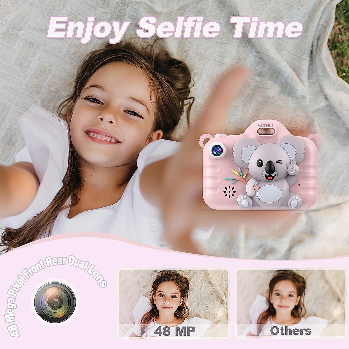 MEGNUT Kids Camera Koala Toys for 3-9 Years Girls Boys Toddler Digital Selfie Camera Video Camcorder Christmas Birthday Gifts for Children 1080P 48MP 2.4inch Screen with 32GB SD Card Pink