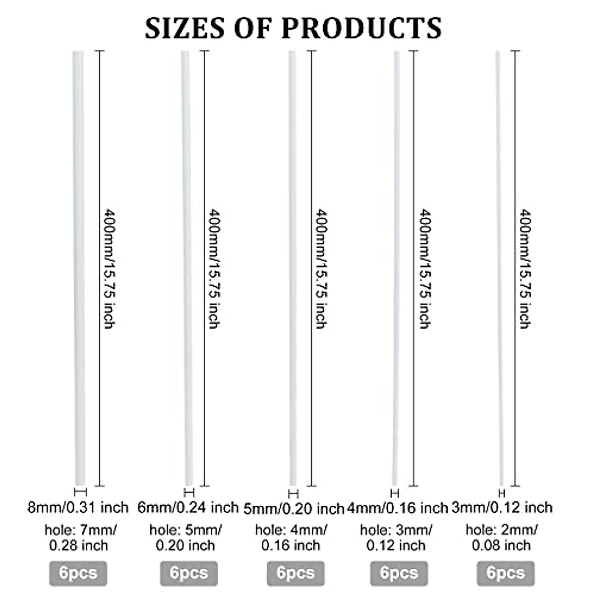 OLYCRAFT 30Pcs ABS Plastic Hollow Round Tubes 15.7" Length White Round Bar Rods 3mm 4mm 5mm 6mm 8mm Round Hollow Bar for DIY Sand Table Architectural Model Making