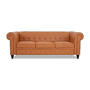 Naomi Home Emery Chesterfield Sofa with Rolled Arms, Tufted Cushions / 3 Seater Sectional Sofa Couch for Small Spaces, Living Room, Bedroom, Apartment, Easy Tool-Free Assembly, Caramel, Air Leather