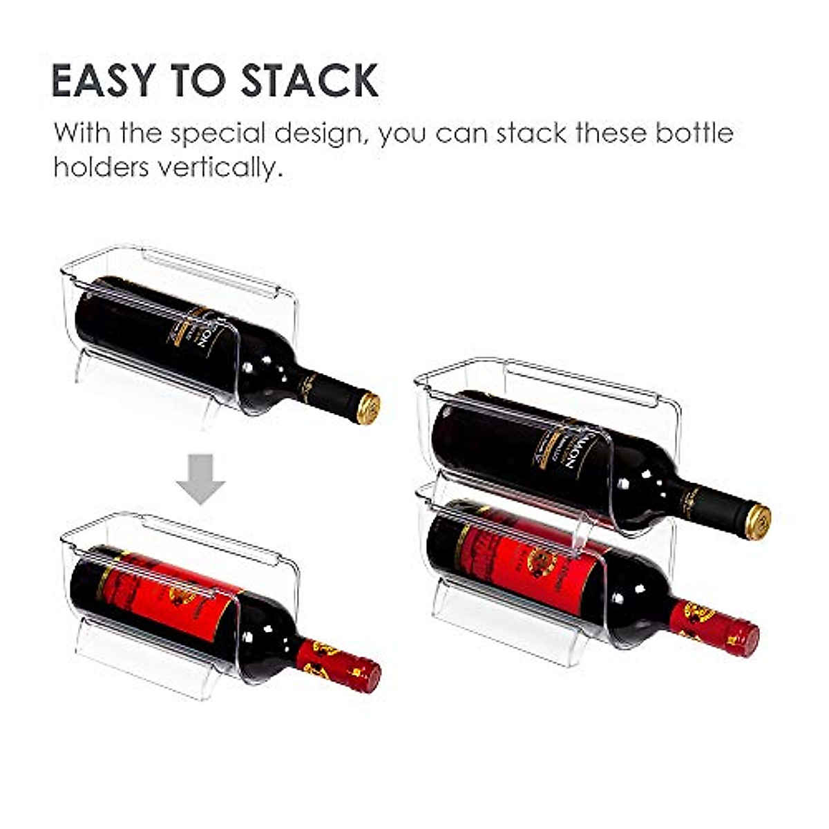 Vtopmart Refrigerator Wine and Water Bottle Holder, 4Pack Stackable Plastic Wine Rack Storage Organizer for Fridge, Cabinet, Pantry, Kitchen Countertops, Clear