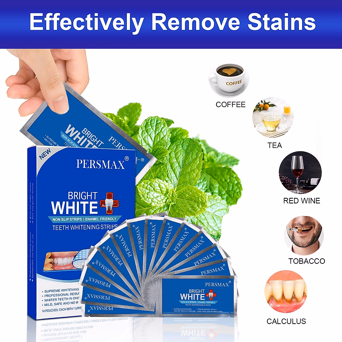 PERSMAX Teeth Whitening Strips for Teeth Sensitive, Non-Slip Enamel-Safe Strips, Professional and Safe Teeth whitening Strips, for Smoking/Coffee/Soda/Wine Stain, 28 Strips 14 Treatments (Mint)