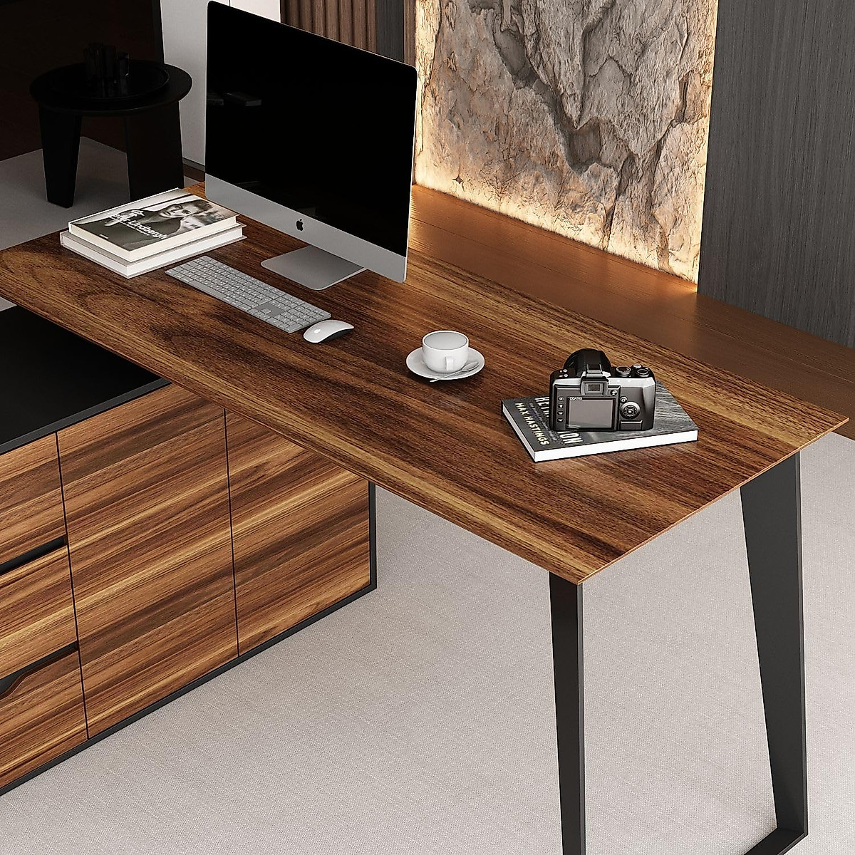 TAMUNE L-Shaped Corner Desk with Drawers, Office Desk Executive Desk with Storage Cabinet, Computer Desk with Black Metal Leg Frame, for Home Office Deep Brown and Black (54.3”W x 40.9”D x 29.1”H)