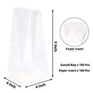 Yotelab Flat Bottom Cellophane Bags, 4x4x9 Inches Gusseted Cellophane Bags With Paper Insert,100 Pieces