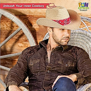 Fun Express Cowboy Hat for Men - Authentic Western Style Cowboy Hats for Men with Red Bandana Accent, Bulk Set of 12 Durable Woven Straw Cow boy hat Versatile Party Hats, Unisex Design