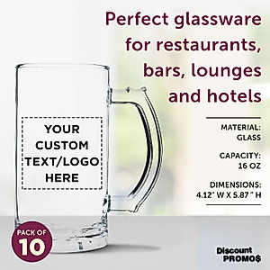 DISCOUNT PROMOS Custom Glass Beer Mug 16 oz. Set of 10, Personalized Bulk Pack - Great for Wedding Favors, Groomsmen Gifts, Birthday Gifts - Clear