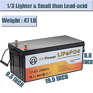 BtrPower 12V 200AH Lithium Battery,5000+ Deep Cycle LiFePO4 Battery with Built-in 200A BMS fit for Home Storage,Trolling Motor,RV,Off-Grid System,Solar Power System,Marine