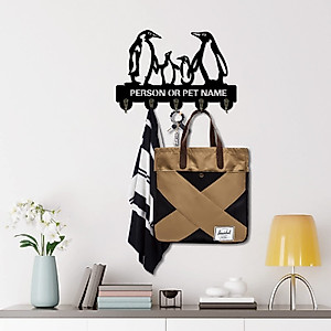 KingLive Penguin Key Holder for Wall, Family Theme Key Rack Hanger, Handmade Key Hooks for Wall, Wooden Coat Hat Clothes Towel Wall Hooks Hangers Hanging Decoration Wall Shang Signs