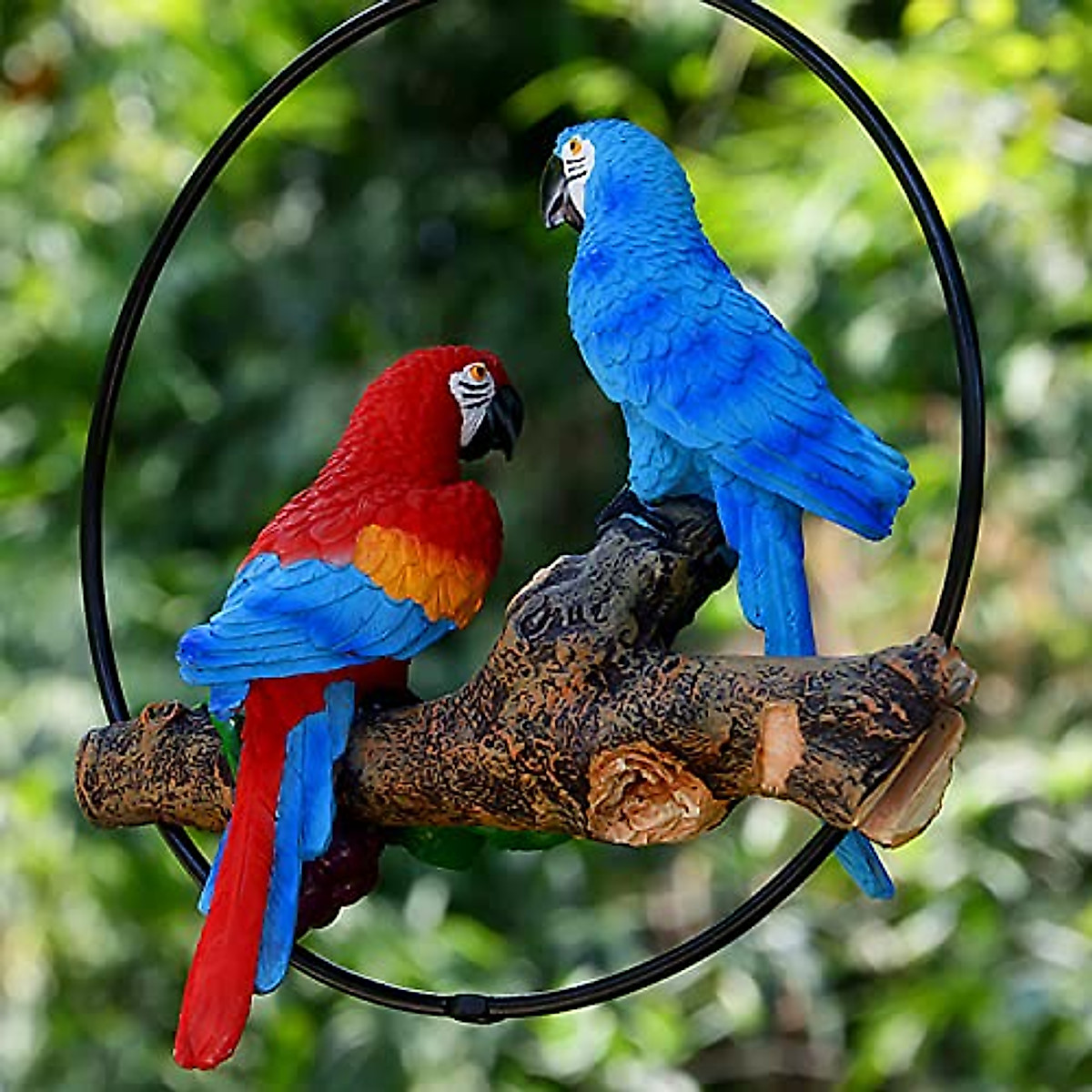 Sunnyway Hanging Parrots for Patio Resin Parrot Hanging Statue Garden Decor Perch Bird Macaw Sculpture On Metal Ring for Patio Lawn Home Garden Tree Decoration Animal Landscape Ornament (Blue&Red)