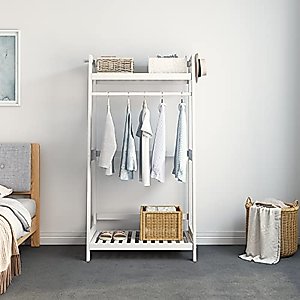 IOTXY Open Wood Garment Rack - White Solid Wood Freestanding Clothing Rack with Storage Shelves and Rod for Hanging Clothes, Open Shelving Wardrobe and Closet Organizer for Bedroom, 27.6" W