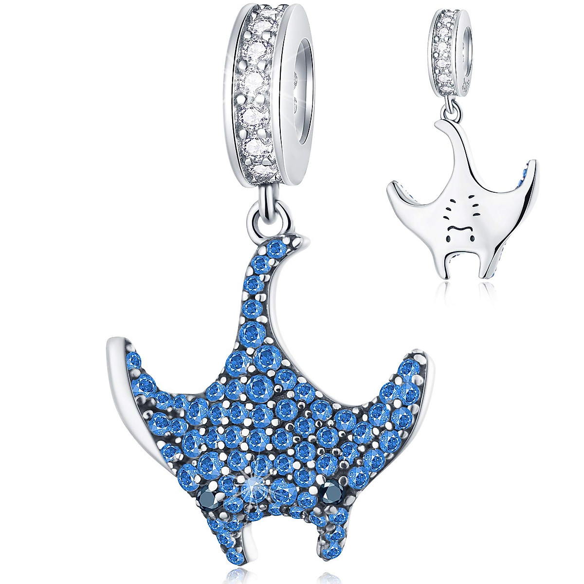 3D Devil Manta Ray Fish Charms, Charm fits Pandora Ocean Animal Bracelet, 925 Sterling Silver Sparkling Pave Blue CZ Pendant Beads, Gift for Hawaii Vacation/Christmas/Birthday