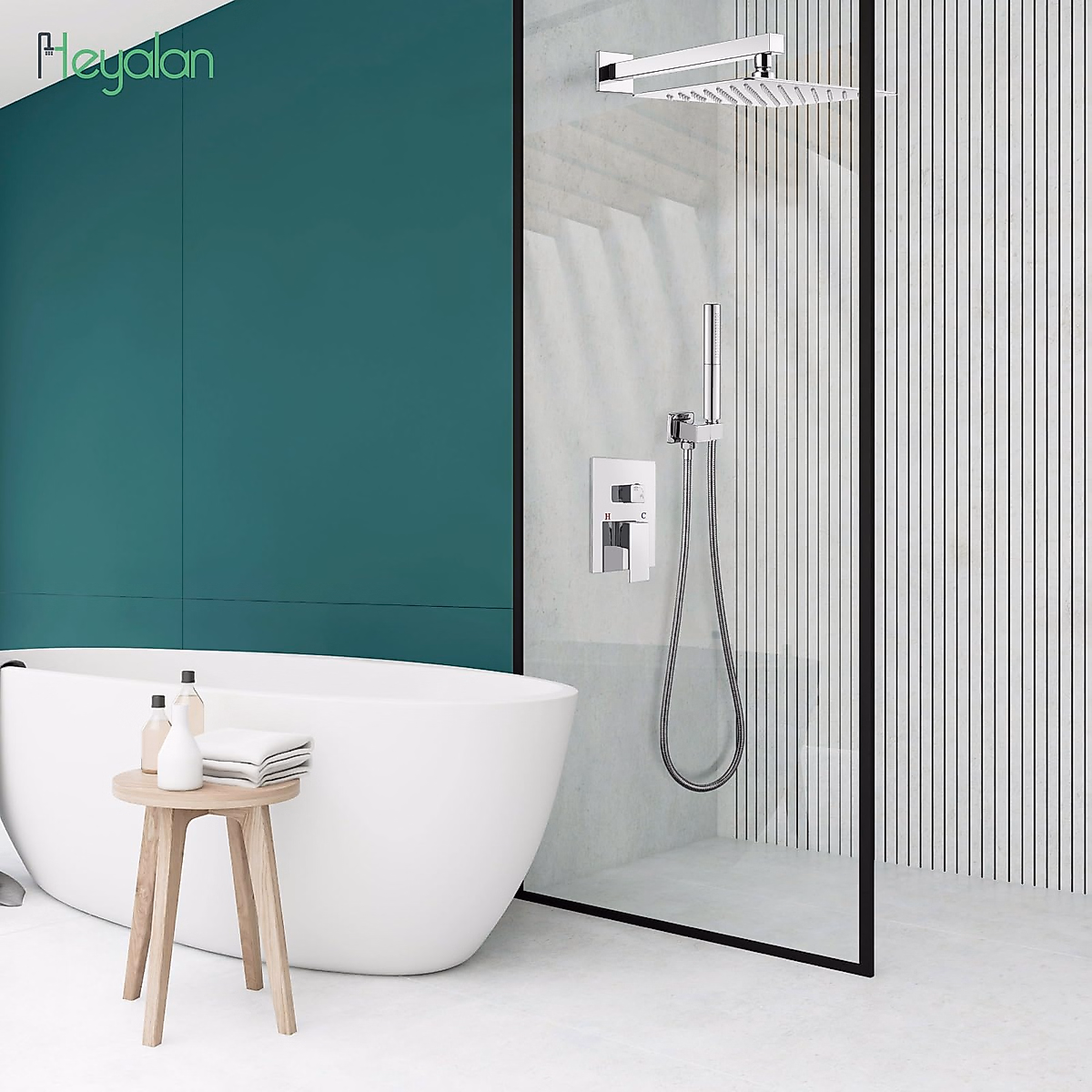 Heyalan Shower System Square Rain Shower System Head Shower Faucet Fixture 2 in 1 Handheld Shower Sprayer Rough in Valve Wall Mount Bathroom Rainfall Combo Set High Pressure,10 Inch,Polished Chrome