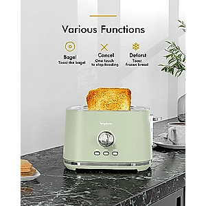 Toaster 2 Slice Stainless Steel Toaster Retro with 6 Bread Shade Settings, Bagel, Cancel, Defrost Function, Longdeem 2 Slice Toaster with Extra Wide Slot, Removable Crumb Tray, Pastel Green