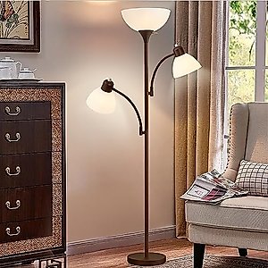 Luvkczc Torchiere Floor Lamps for Living Room with 2 Reading Lamps, Modern Tall Standing Lamps, Industrial Bright Floor Lamp for Bedroom, Office, Dresser, 3 LED Bulbs Included