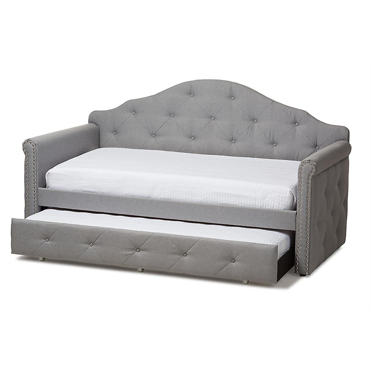 Baxton Studio Emilie Modern and Contemporary Grey Fabric Upholstered Daybed with Trundle Grey/Twin//Contemporary/Fabric Polyester 100%"/Rubber Wood/MDF/Foam