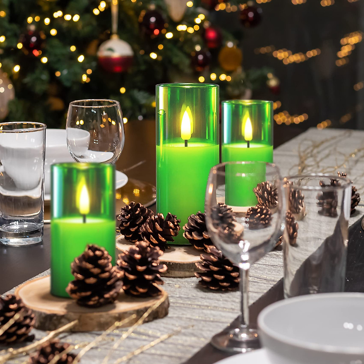 Girimax Green Glass Flameless Candles with Remote, Flickering LED Votive Pillar Candles Battery Operated Slim Tall Candles Φ 2" H 3" 4" 5" 6" 7"