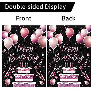 Happy Birthday Garden Flag Balloons Pink Birthday Cake Yard Flags 12x18 Inch Double Sided Burlap Banner for Farmhouse Outdoor Prime Birthday Party Celebration Decoration(ONLY FLAG)