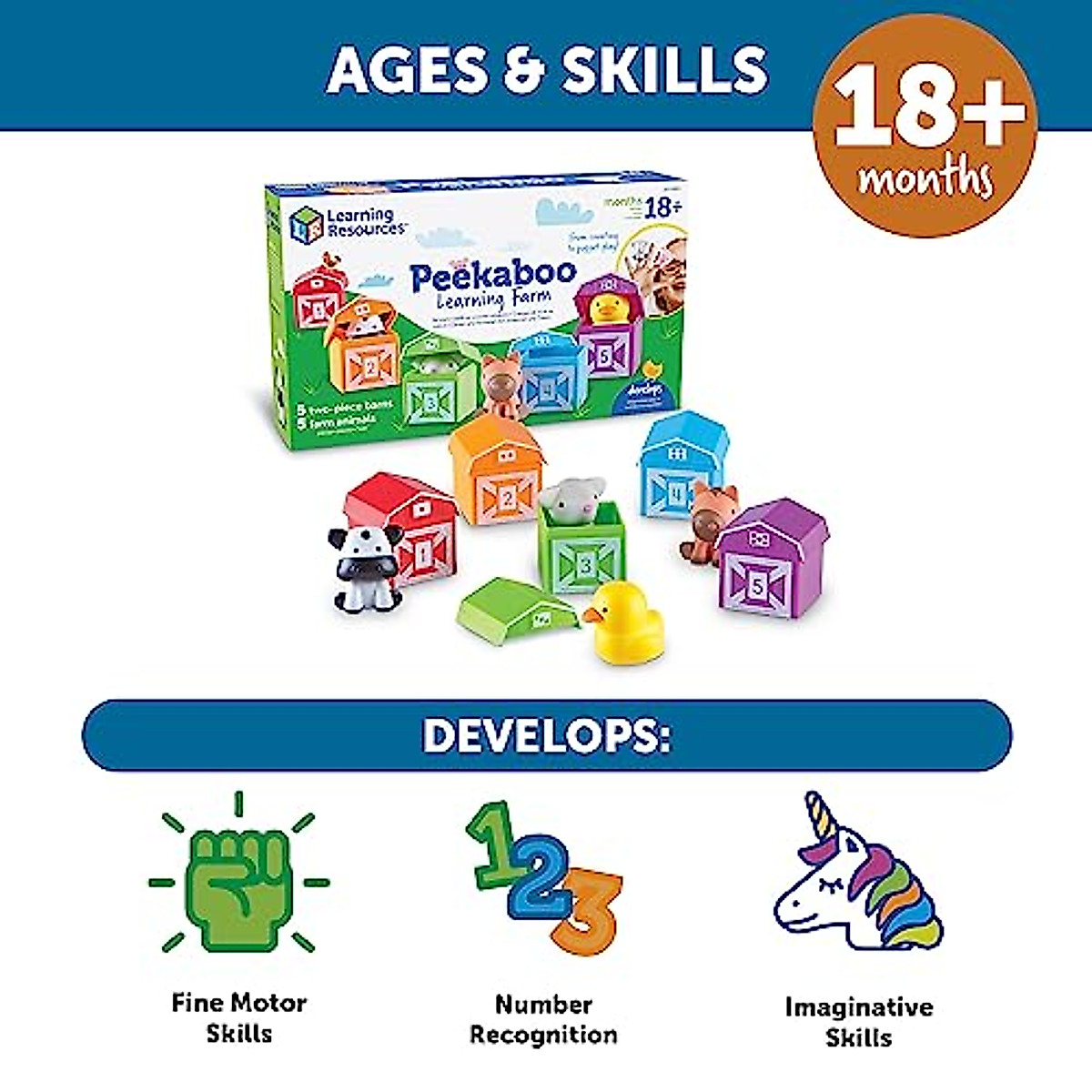 Learning Resources Peekaboo Learning Farm - 10 Pieces, Ages 18+ Months Toddler Learning Toys, Counting and Sorting Toys, Farm Animals Toys