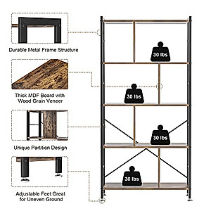 VECELO Home Office 5-Tier Bookshelf and Chair Set, Industrial Book Shelf with Ergonomic Lumbar PU Padded Chairs for Task Work, Black and Brown