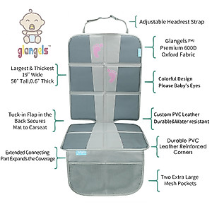 Glangels Child Car Seat Protector- Enhanced Padded Booster Seat Cover for Vehicles-Waterproof Seat Protectant for Baby or Toddler-Extra Large Storage Pocket-Prevents Dirt and Damage (Grey)