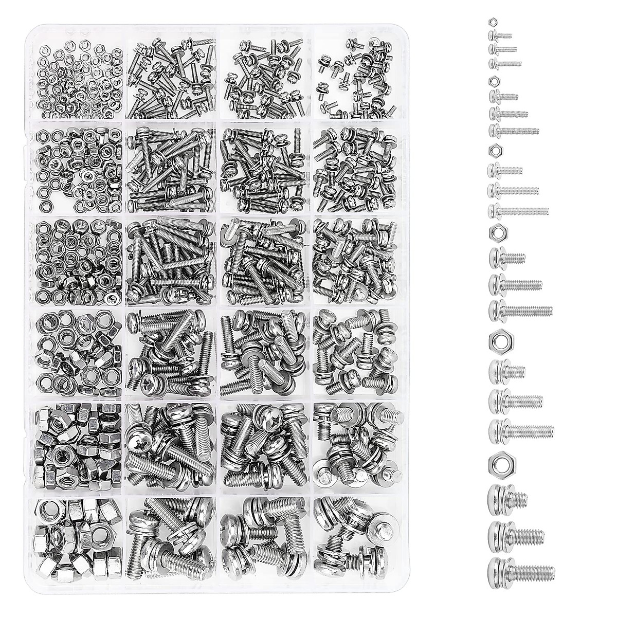 HELIFOUNER 510 Pieces Phillips Pan Head Machine Screws Nuts Washers Assortment Kit, Stainless Steel 304, Full Thread (M2 M2.5 M3 M4 M5 M6)