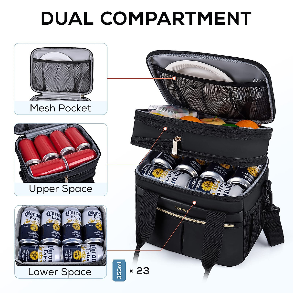 TOURIT Insulated Lunch Box Bag, Double Deck Leakproof Cooler Tote for Work Office Picnic, Expandable Lunch Container, Black