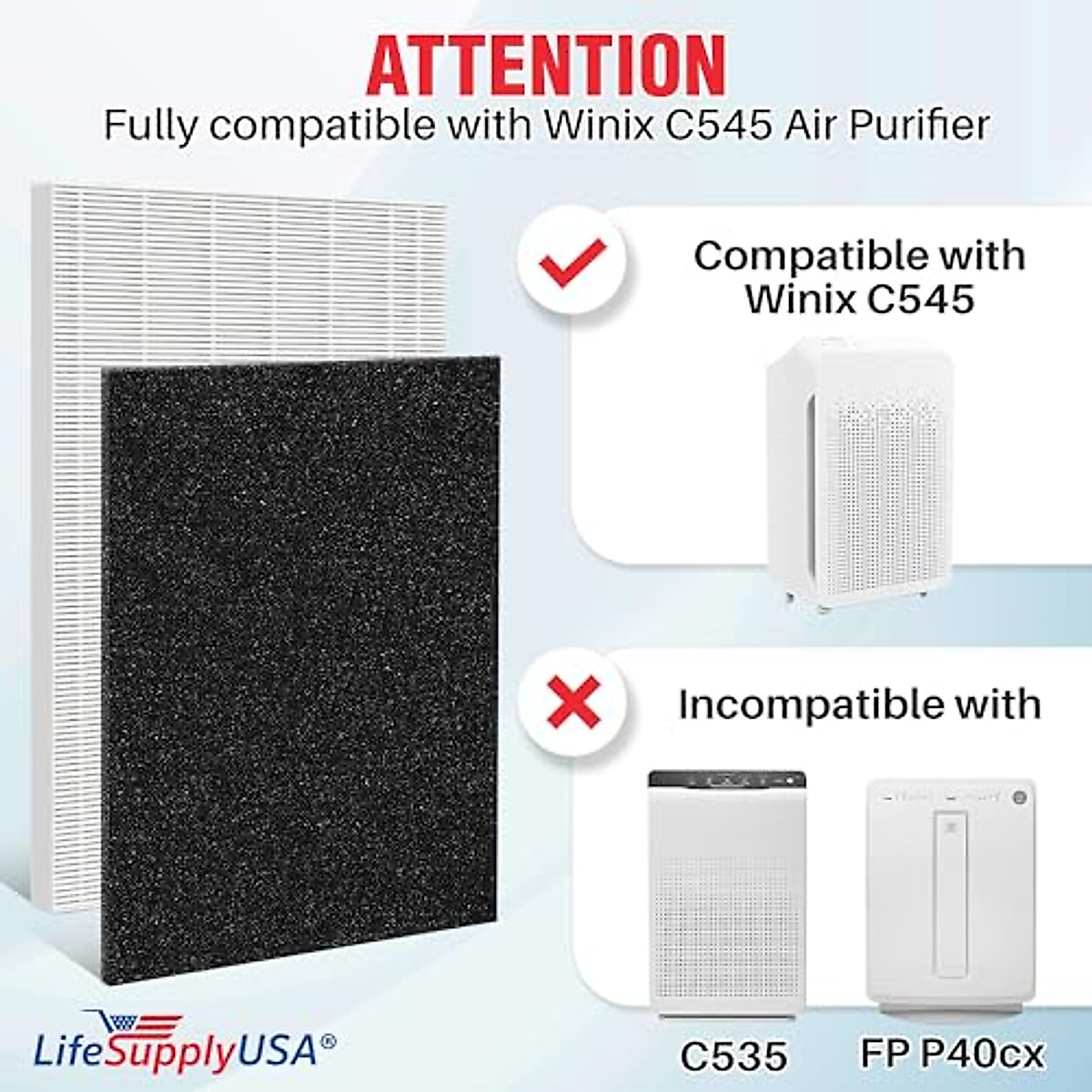 LifeSupplyUSA True HEPA + 4 Carbon Replacement Filters Compatible with Winix 115115 Size 21 and Plasma Wave WAC5300, WAC5500, WAC6300, 5000, 5000b, 5300, 5500, 6300 & 9000