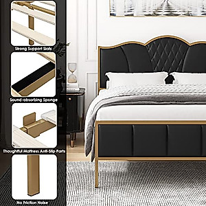 HITHOS Full Size Modern Upholstered PU Bed Frame with Tufted Headboard, Heavy Duty Platform Bed with Wood Slat Support, Noise Free, No Box Spring Needed (Black)