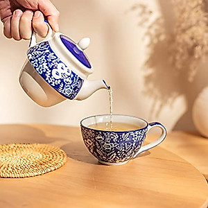 Taimei Teatime Ceramic Tea for One Set, 15 OZ Teapot with Infuser and Cup Set, Blue and White Teapot Set for one, Tea Set for Women, Adults