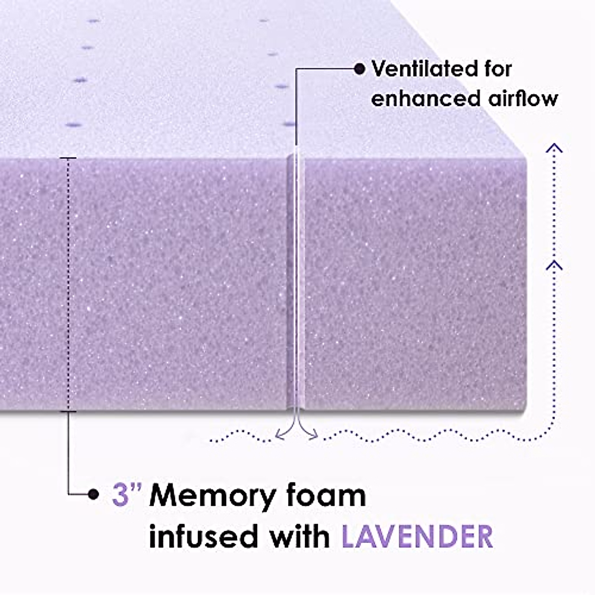 Mellow 3 Inch Ventilated Memory Foam Mattress Topper, Soothing Lavender Infusion, King