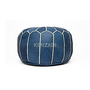 KENZADI Genuine Leather Ottoman Pouf Cover Hand Stitched in Marrakech by Moroccan Artisans, Footstool, UNSTUFFED (Blue Jean by White)