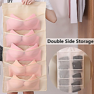 Oniapro 2 Pack Hanging Shelves Closet Organizer, Bra Underwear Storage Bag with Metal Hanger, Dual Sided Wall Shelf Wardrobe Mesh Pockets (Beige)