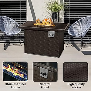 Gorilla Fire Pits 44 inch 50,000 BTU Outdoor Propane Gas Fire Pit Table w/Glass Tabletop & Brown Wicker Body (44", Brown Wicker, FPH-BRN)