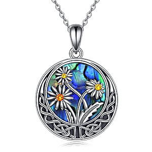 DAYLINLOVE Birth Flower Necklace 925 Sterling Silver Celtic Knot Daisy Birth Month Flower Necklace with Abalone Shell Anniversary Birthday Jewelry Gift for Women