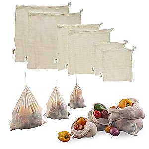 Neolino Reusable Produce Bags, Cotton Mesh Bags with Drawstring Bonus Reusable Grocery Bag for Shopping & Storage, Washable, Biodegradable, Food Safe, Natural Color (6 Pack)