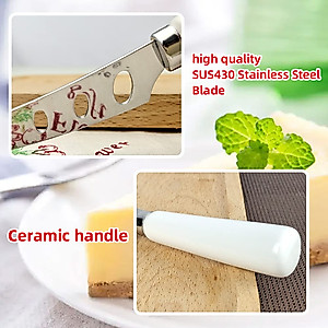 MEIYAHOME 4 Pieces PRONGED Cheese knife 6.5inch Fine smooth finish SUS430 Stainless Steel 6inch Cheese Slicer Cheese Cutter with White Ceramic Handle good hand grip