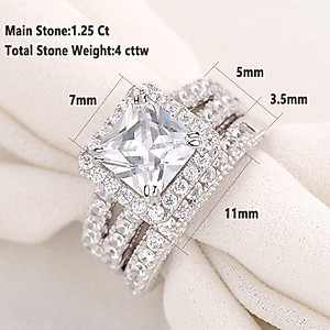 Wuziwen 4Ct Engagement Rings for Women Sterling Silver Cubic Zirconia Wedding Bridal Ring Set Size 7