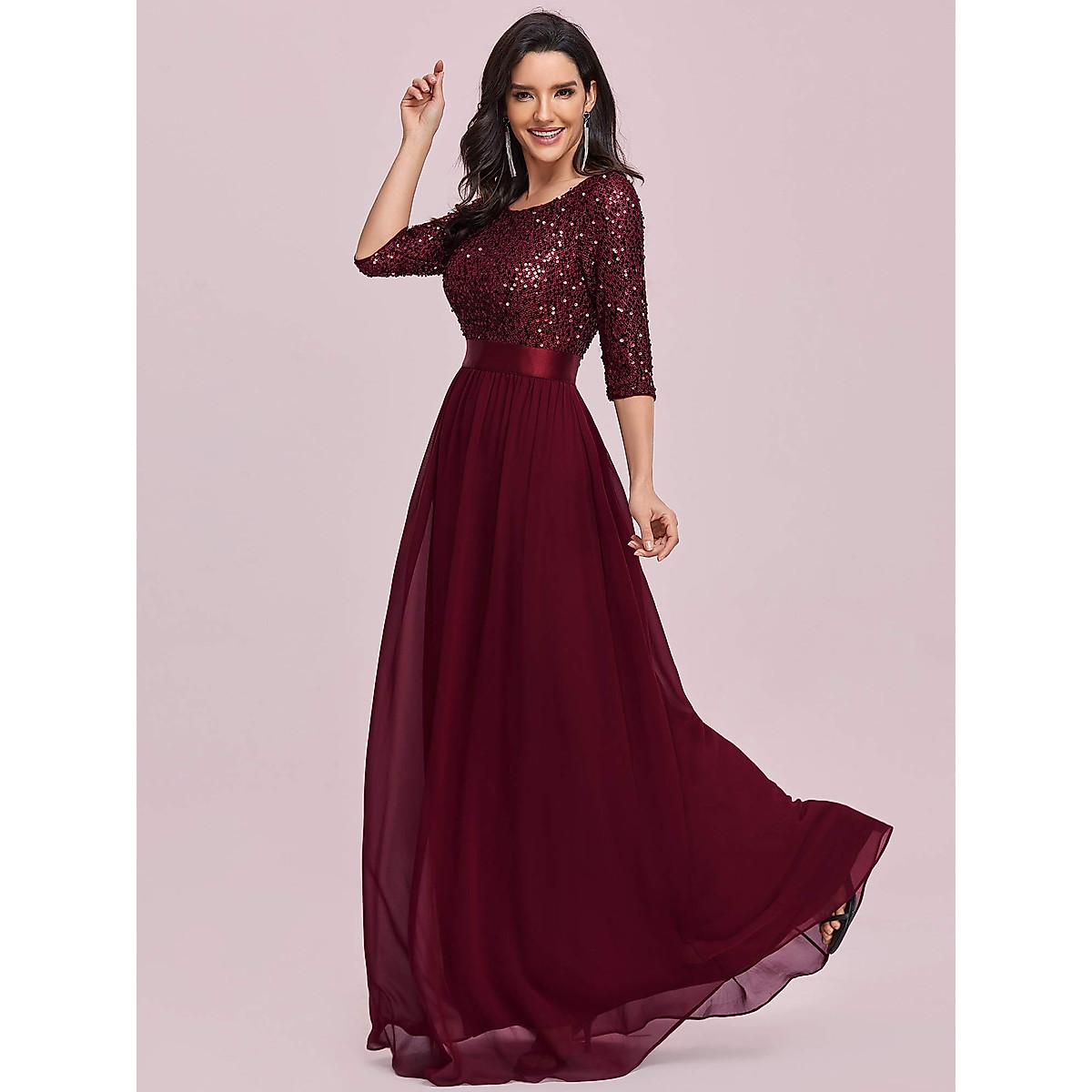 Ever-Pretty Women's Elegant A Line Crew Neck Half Sleeve Sequin Maxi Evening Dress Burgundy US24