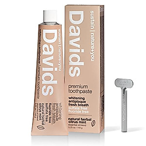 Davids Natural Toothpaste For Teeth Whitening, Herbal Citrus Peppermint, Antiplaque, Flouride Free, SLS Free, EWG Verified, Toothpaste Squeezer Included, Recycable Metal Tube, 5.25oz