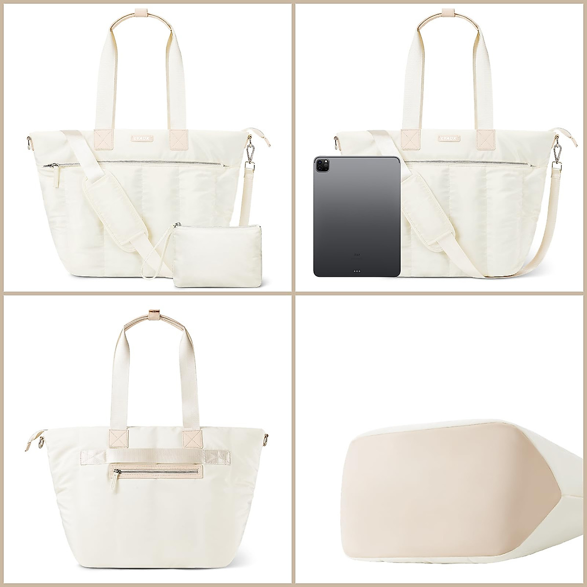 LYAUK Tote Bag with Women, Puffer Tote Bag with Laptop Compartment, Laptop Tote Bag for Women with Zipper, Large Tote Bag Purse Shoulder Bag for Travel Work Gym Overnights Weekend Trips, Beige