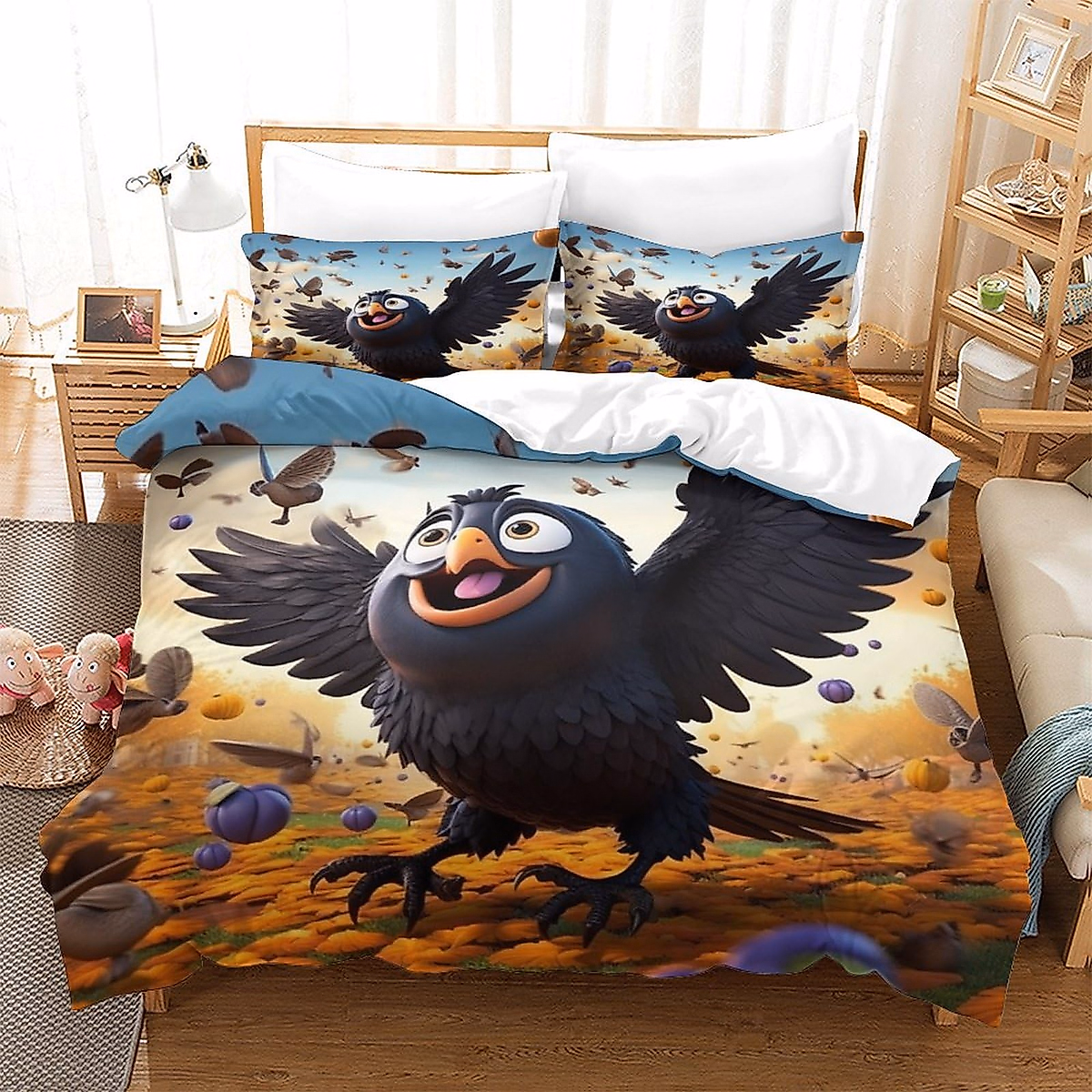 ESSAHI Raven 3D Printed Crow Bedding Set Comforter Covers Quilt Cover Duvet Cover with Pillowcases for Childrens and Adults Microfiber 3 Pieces with Zipper Closure Queen（228x228cm）