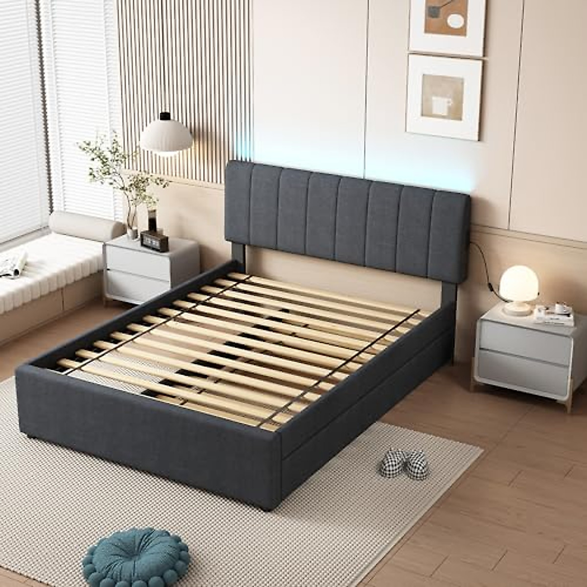 YOPTO Full Size Upholstered Platform Bed with Twin Size Trundle & USB Port,Linen Tufted Bed Frame W/Remote Control LED Light & Stripe Headboard,Wood Slats Support for Bedroom,Apartment,Dark Gray