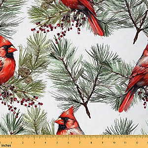 Bird Fabric by The Yard, Pine Tree Upholstery Fabric, Branches Wild Animals Botanical Decorative Fabric, Plants Berry Indoor Outdoor Fabric, Nature DIY Art Waterproof Fabric, Red Green, 1 Yard