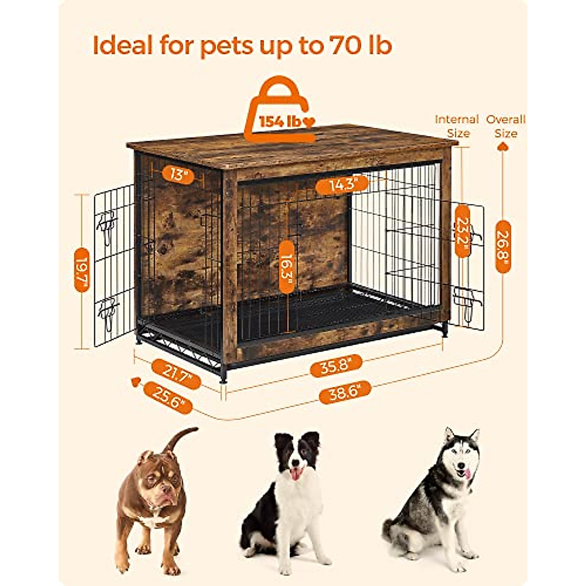 FEANDREA Dog Crate Furniture, Side End Table, Modern Kennel for Dogs Indoor up to 70 lb, Heavy-Duty Dog Cage with Multi-Purpose Removable Tray, Double-Door Dog House, Rustic Brown UPFC003X01